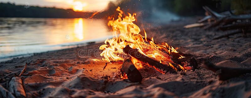 Burning Fire in Sand, Campfire by the River Stock Image - Image of sand ...