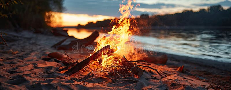 Burning Fire in Sand, Campfire by the River Stock Photo - Image of ...