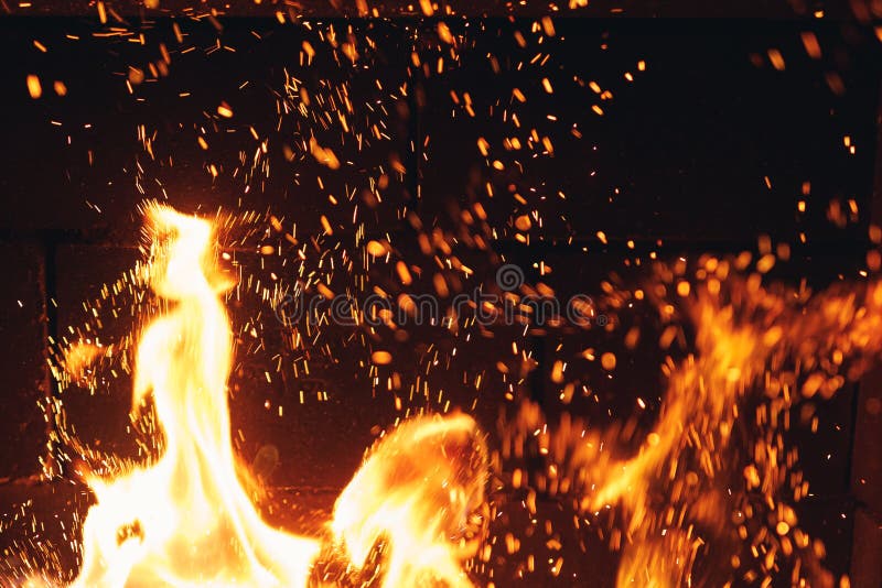Burning Fire with Sparks in the Fireplace Stock Photo - Image of fiery ...