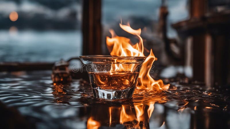 Burning Fire in the Water a Paradoxical Scene of Fire and Water, with a ...