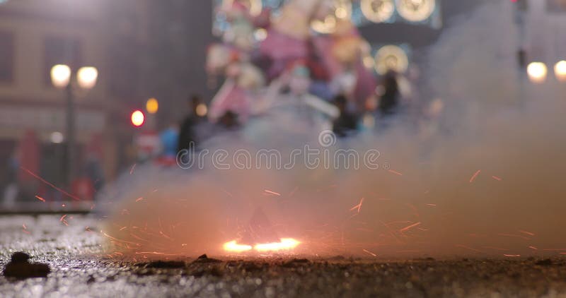 Burning Firecracker Flying Away during Fallas Celebration in Spain ...