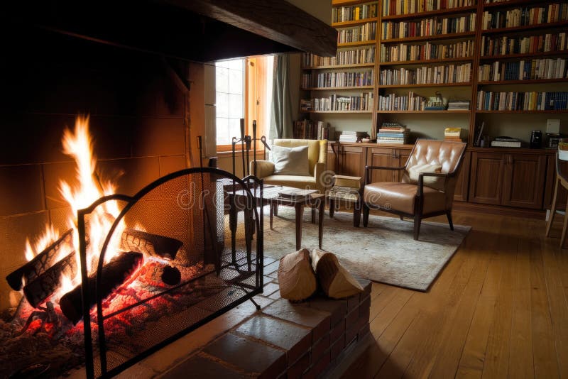 Burning Fireplace Warming Living Room with Library in Background Stock ...