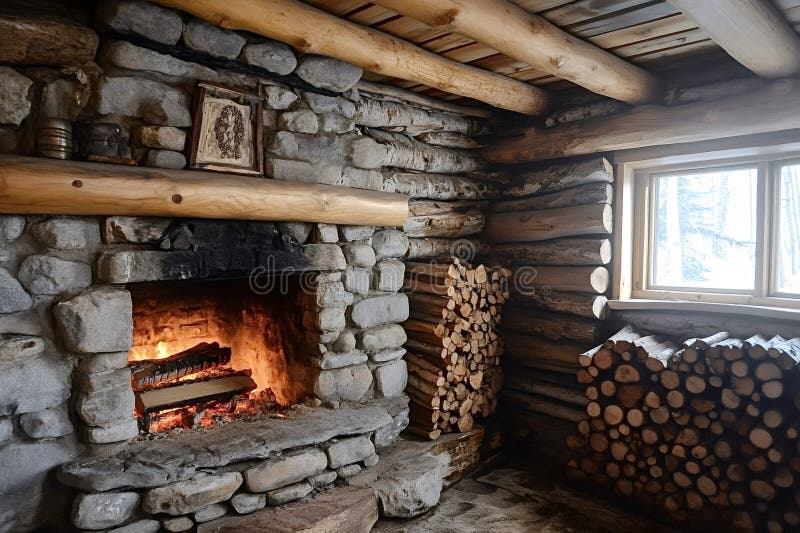Burning Fireplace Warming Rustic Log Cabin Interior Stock Photos - Free ...