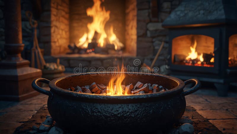 Burning Firewood in Cauldron with Fireplaces in the Background Setting ...