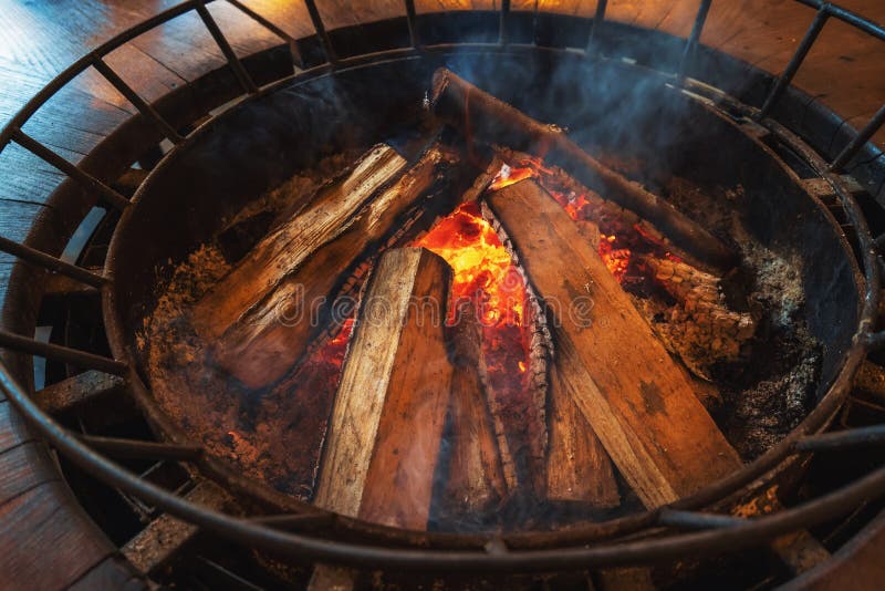 Burning Firewood, Fire and Embers in Stove for Cooking or Heating Stock ...