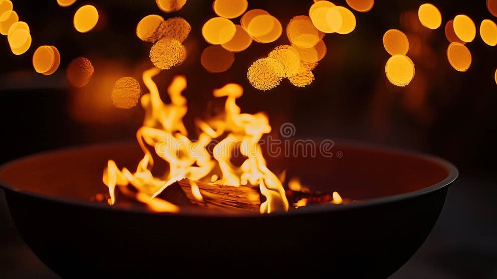 Burning Firewood in Fire Pit with String Lights at Dusk Stock Image ...