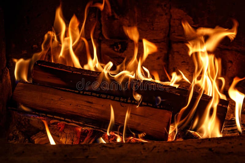 Burning Firewood in the Fireplace Closeup, Glowing Logs, Fire and ...