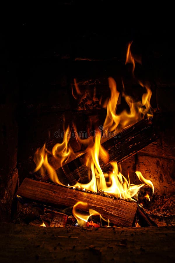 Burning Firewood in the Fireplace Closeup, Glowing Logs, Fire and ...