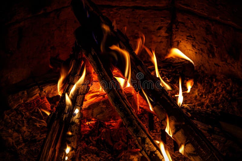 Burning Firewood in the Fireplace Closeup, Glowing Logs, Fire and ...