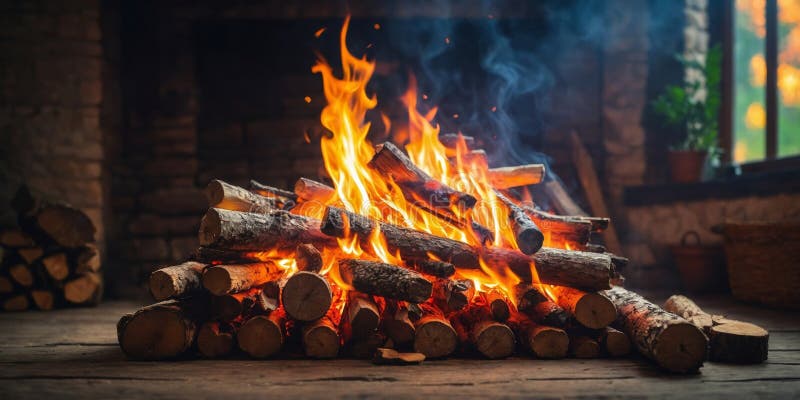 Burning Firewood in the Fireplace in a Country Cottage. Stock Image ...