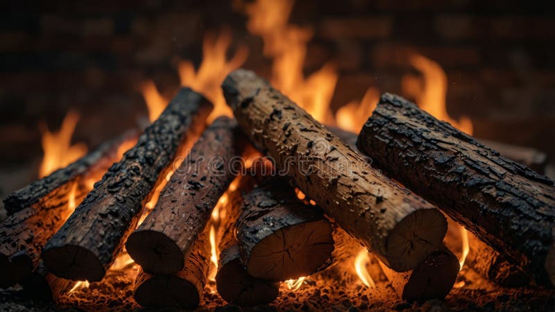 Burning Firewood Logs in a Brick Fireplace. Stock Illustration ...