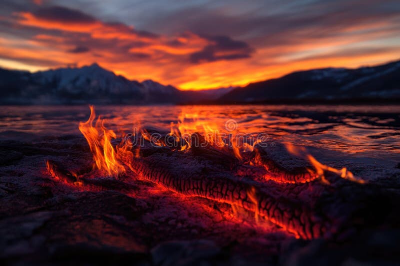 A Burning Flame in the Center of a Calm Lake or Sea Stock Photo - Image ...