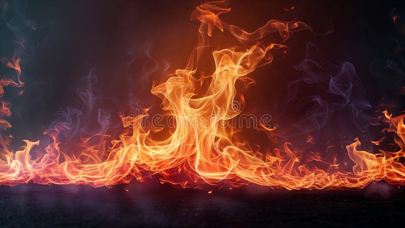 Burning Flames Rising from Asphalt Surface with Dark Background Stock ...
