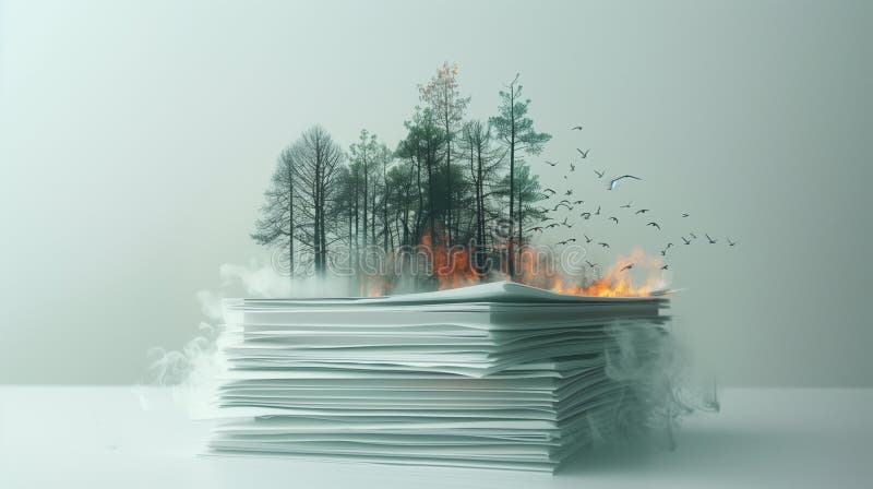 A Burning Forest Emerges from a Stack of Paper, Representing the Impact ...