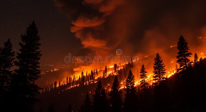 Burning Forest Fire Raging through Trees at Night with Smoke Stock ...