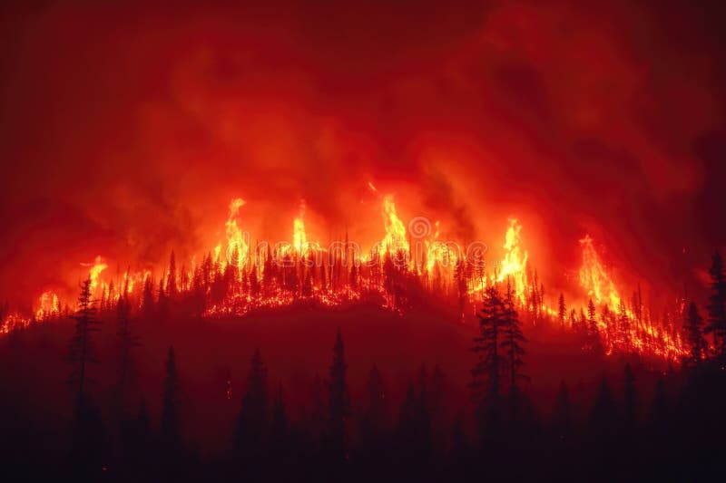 A Burning Forest Fire Seen from Afar with Smoke and Flames Visible ...