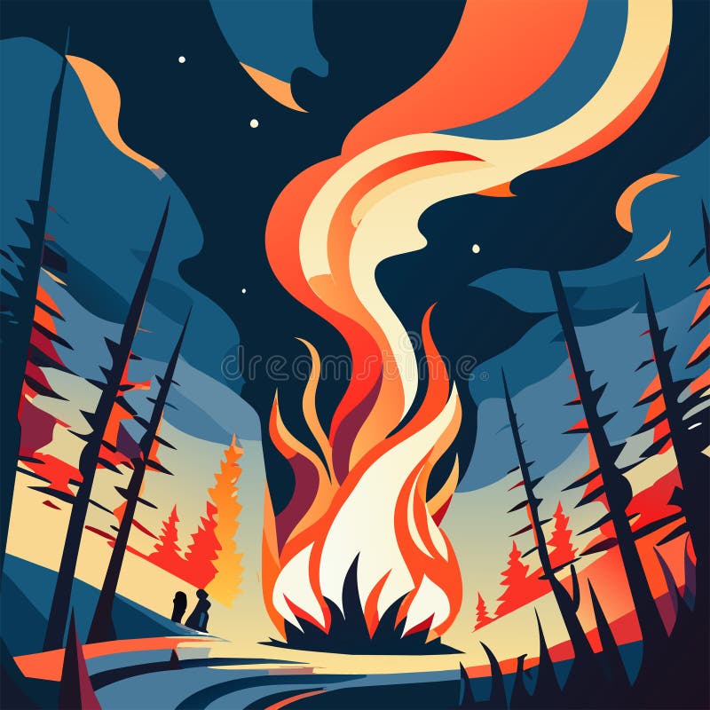 Burning Forest Landscape. Fire in the Night. Vector Illustration Stock ...