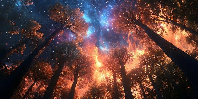 Burning Forest Night Sky Fiery Trees Celestial Background Galaxy Image ...