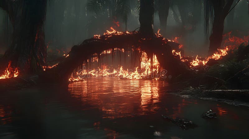 Burning Forest River Landscape Night Dramatic Fire Royalty Free Image ...