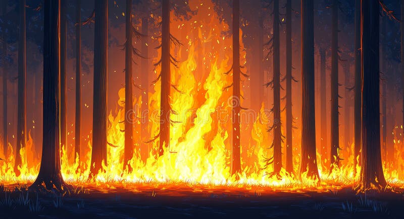A Burning Forest Scene Illustrated in a Distinctive Art Style with Fire ...