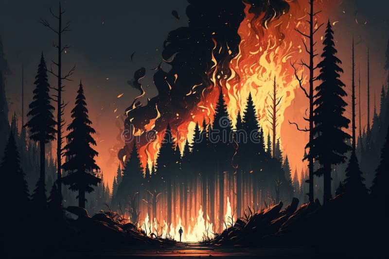 Burning Forest. Wild Fire in a Forest during the Night with Burning ...