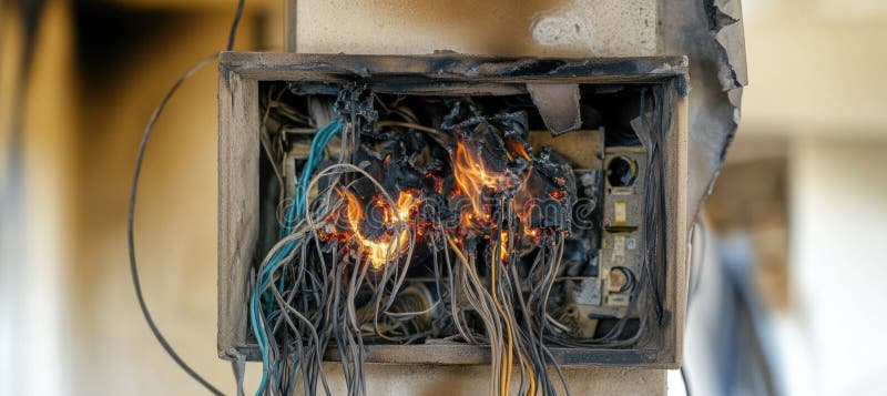 Burning Fuse Box Showing Short Circuit Causing Fire Hazard Stock Photo ...