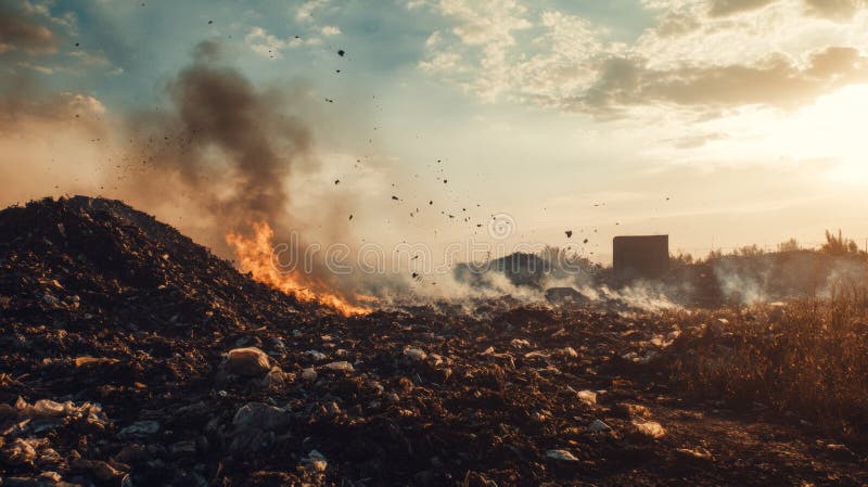 Burning Garbage Dump with Smoke Rising into Cloudy Sky at Sunset Stock ...