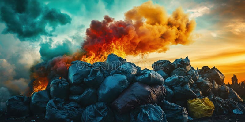 Burning Garbage Pile with Colorful Smoke Against Sunset Sky Stock Photo ...