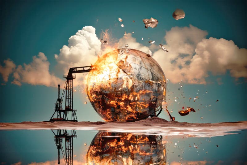 A Burning Globe, Shattered by Resource Extraction, Reflects in a Pool ...