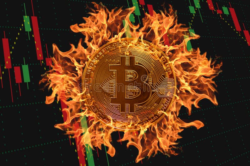 Burning Golden Bitcoin with Fire All Around and a Chart Stock ...