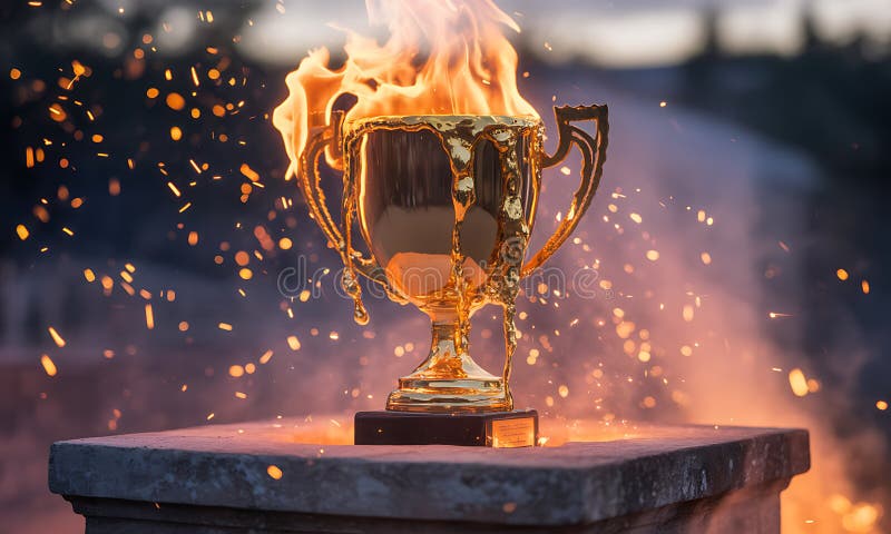 Burning Golden Trophy on a Stone Pedestal Surrounded by Sparks of Fire ...