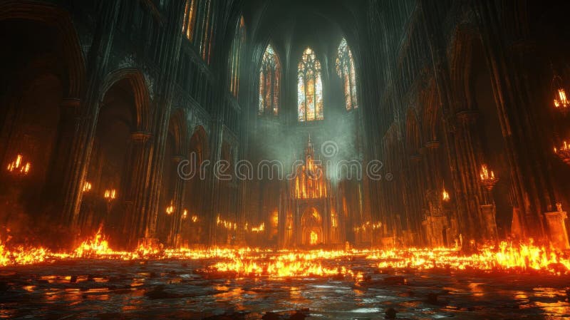 Burning Gothic Cathedral stock illustration. Illustration of glass ...