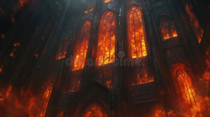 Burning Gothic Cathedral at Night Stock Illustration - Illustration of ...