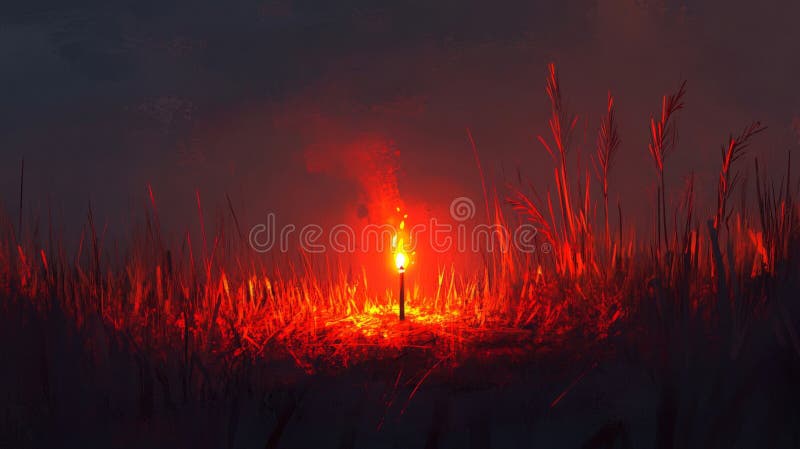 Burning Grass Field at Night with a Single Torch Stock Illustration ...
