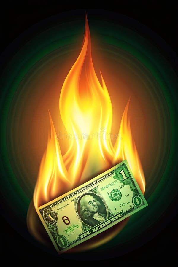 Green Dollar Bill Burning in Flames Symbolizing Financial Loss Stock ...