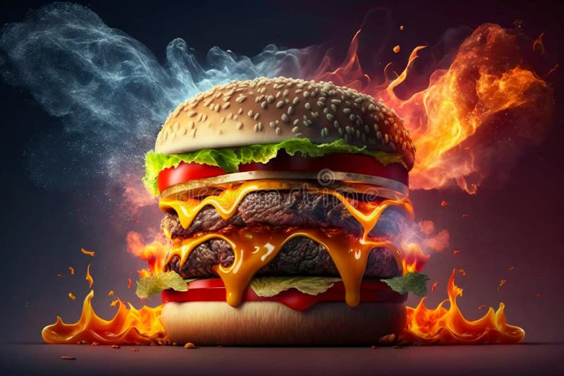 Burning Hamburger Cheeseburger Closeup. Generative AI Stock ...