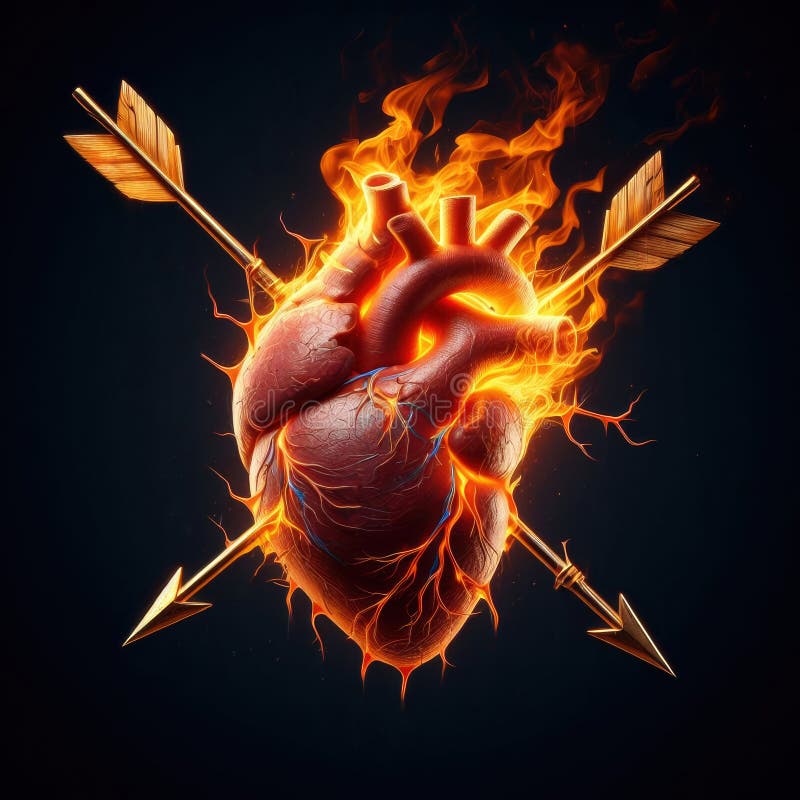 A Burning Heart in the Fire, Pierced by an Arrow, Bleeds Stock ...