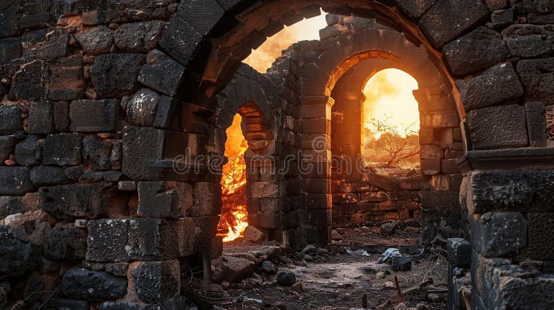 Burning Heritage, Ancient Stone Arches Amidst Flames . Generative Ai ...