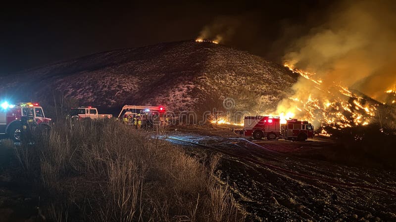 Burning Hillside with Fire Trucks Parked Below, Crews Battling the ...