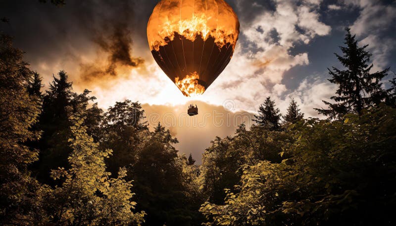 Burning Hot Air Balloon Fly Right Above Trees Canopy at Twilight Stock ...