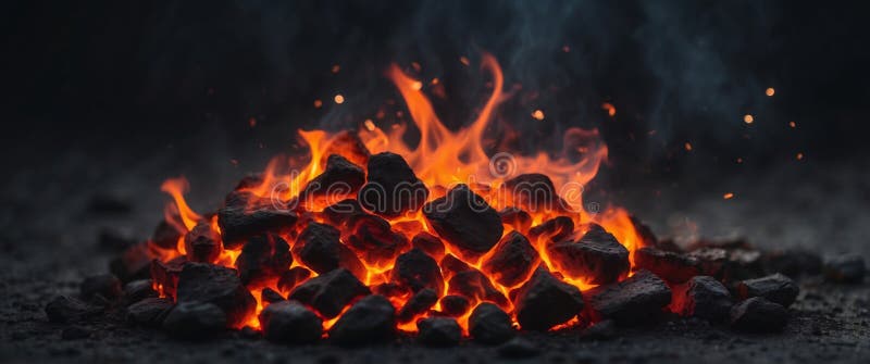 Burning Hot Coals and Glowing Embers Amid Dark Ashes. Stock Image ...