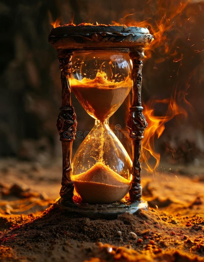 Burning Hourglass in Desert Setting with Flowing Sand Stock Photo ...