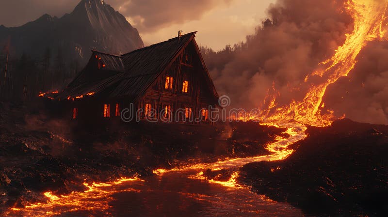 Burning House Amid Flowing Lava, Dramatic and Fiery Landscape Stock ...