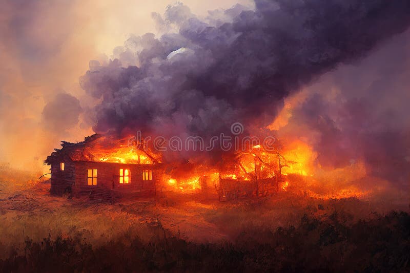 Burning House with a Barn, Big Smoke in Sky, Ai Generated Image Stock ...
