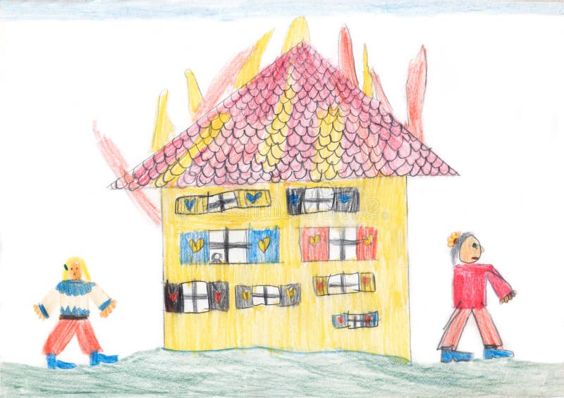 Burning House - Children Crayons Drawing Stock Illustration ...