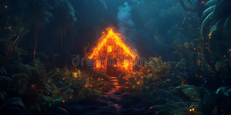 Burning House in Dark Forest Mystical Fire Image Stock Illustration ...