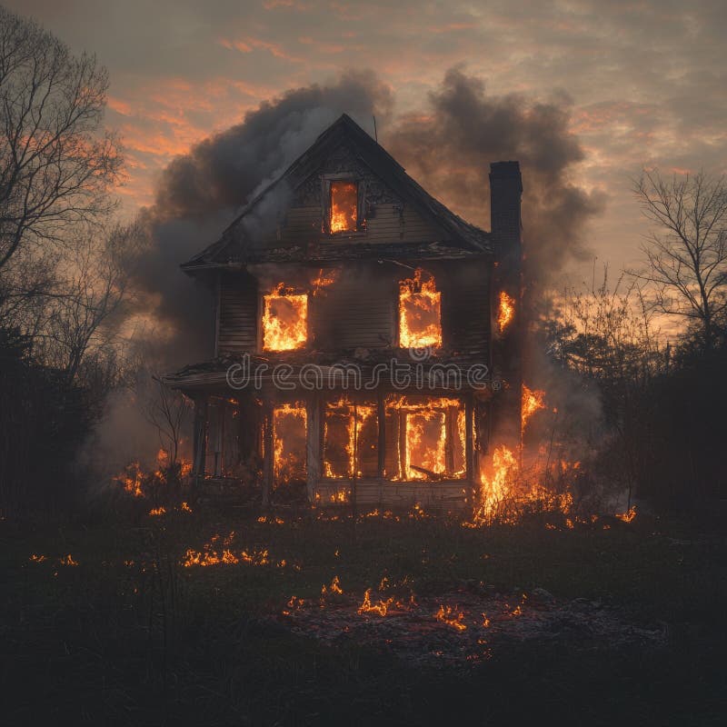 A Burning House at Dusk, Flames Licking through the Broken Windows ...