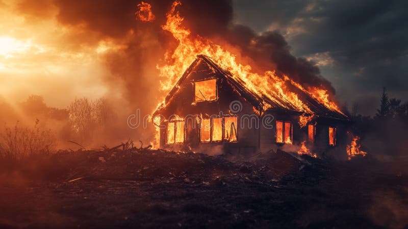 Burning House Engulfed in Flames at Sunset, Devastating Fire Destroys ...