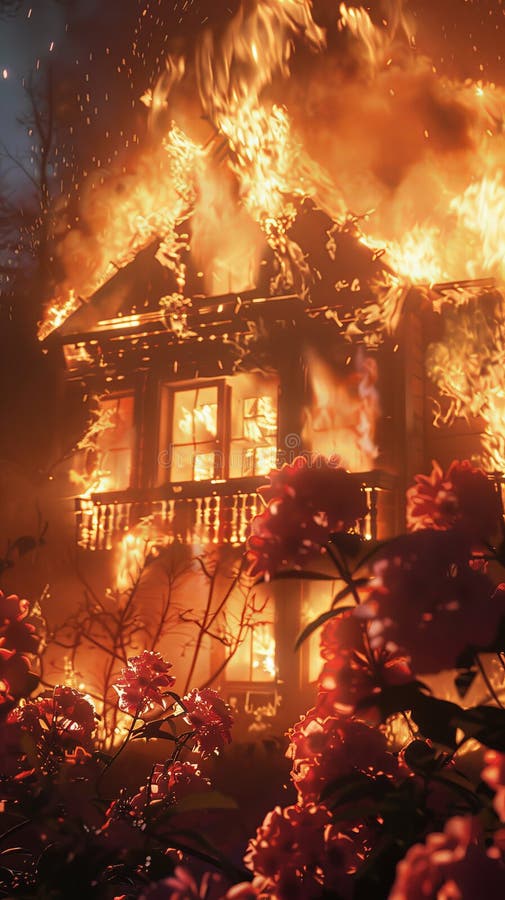 Burning House Engulfed in Flames Surrounded by Flowers at Night ...