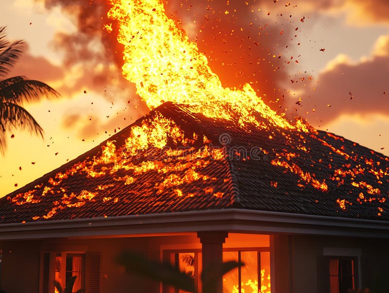 Burning House with Flames Reaching the Sky at Sunset Stock Illustration - Illustration of ...